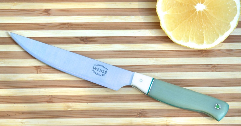 Steak knife in jade G10 w/ paper micarta bolster. Brass and teal liner ...